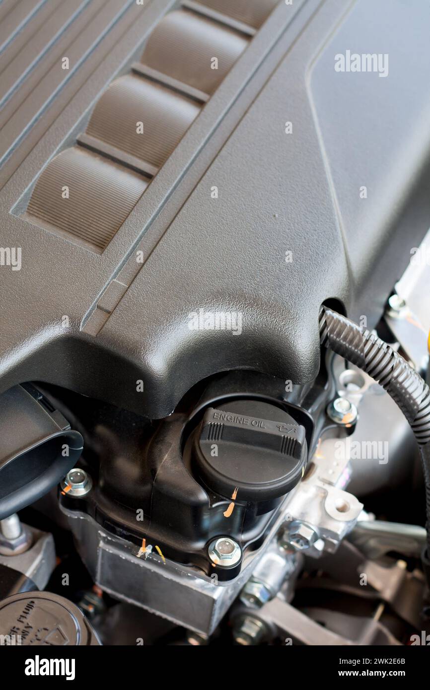 closeup engine oil cap in car engine Stock Photo - Alamy