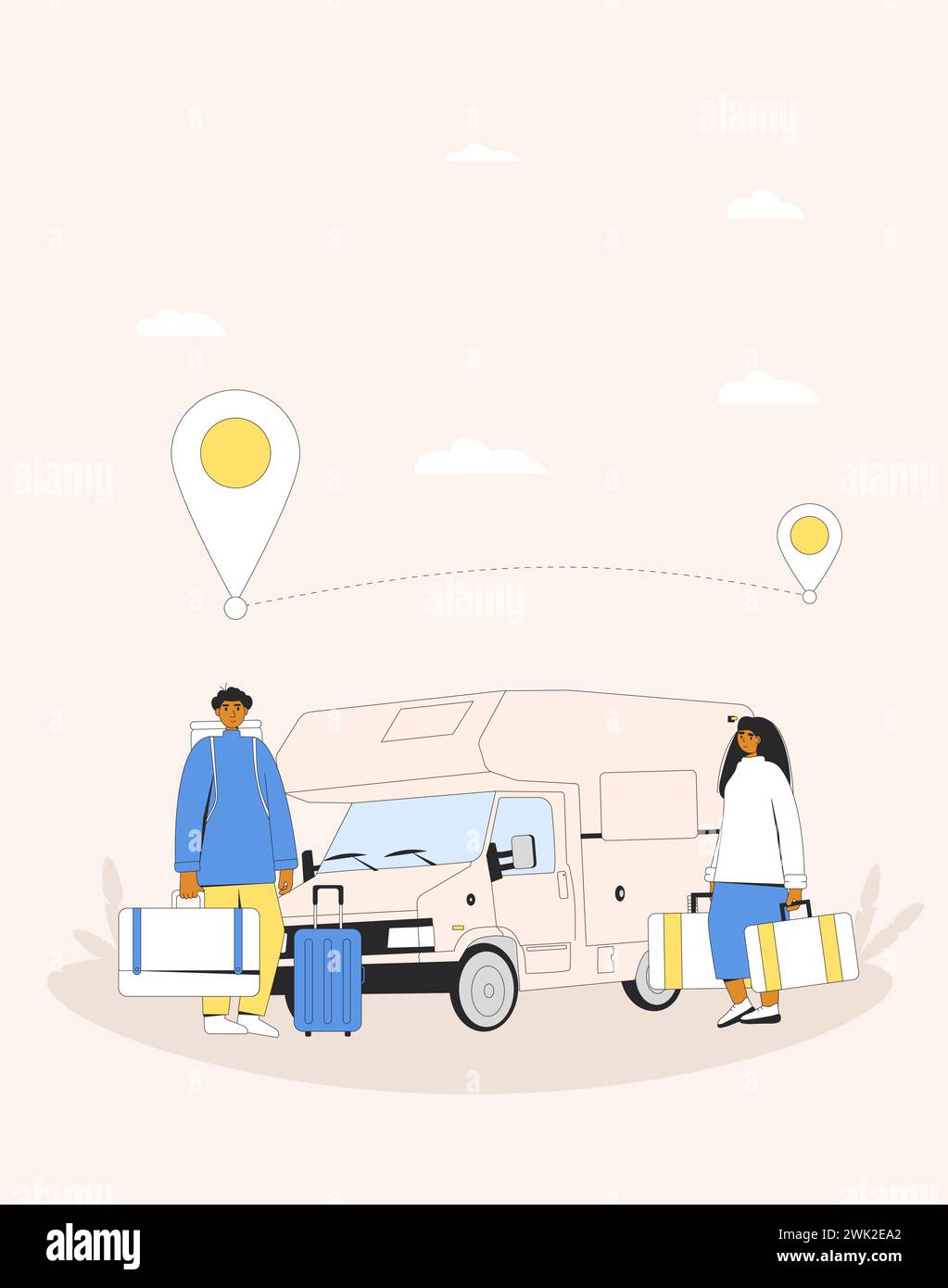 Caravan, camper trailer with young couple. Road trip on outdoor ...