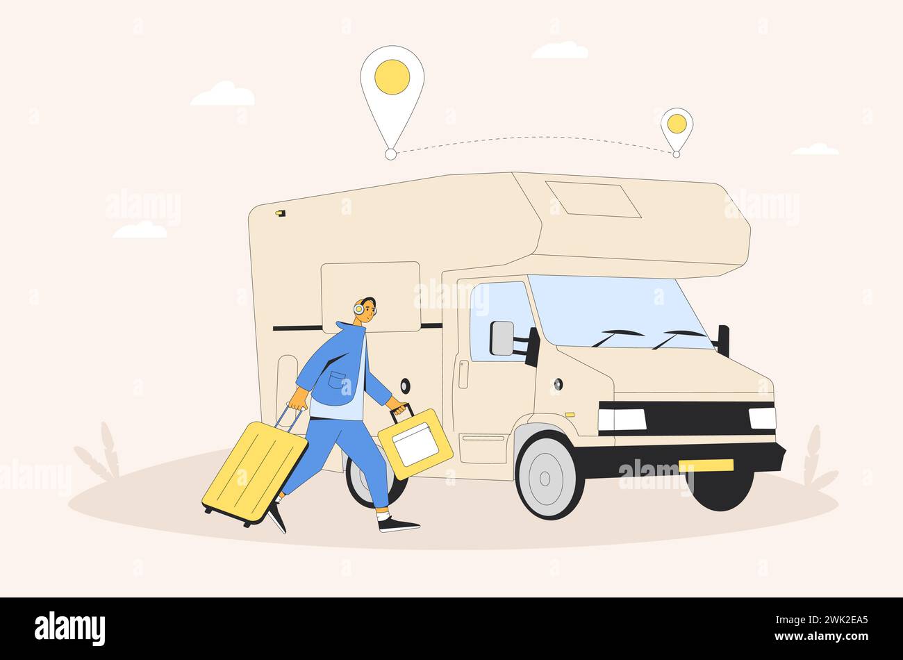 Travel alone. Man with caravan, camper trailer. Road trip weekend ...