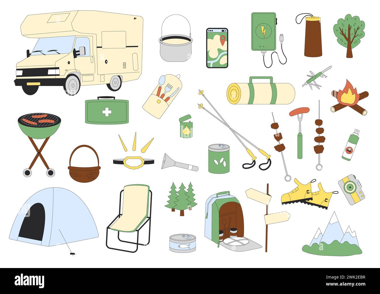 Hiking camping van tourism set isolated on white background. Rv caravan ...