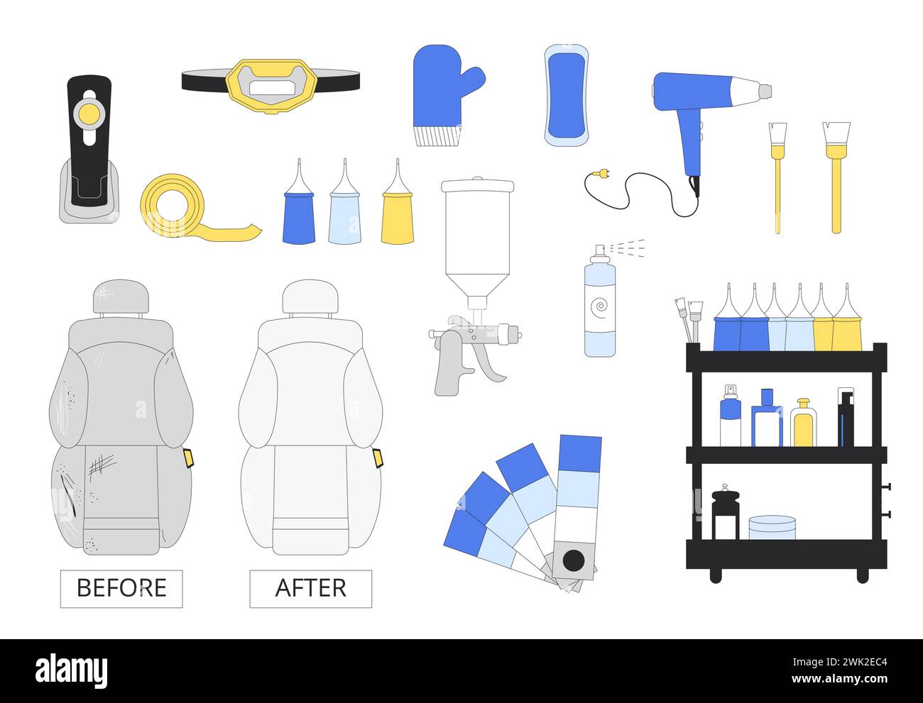 Leather car seats restoration. Collection of isolated auto service ...