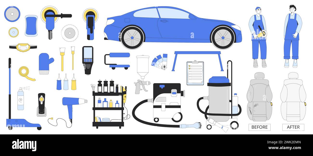 Detailing car. Vector illustration set of isolated people with car ...