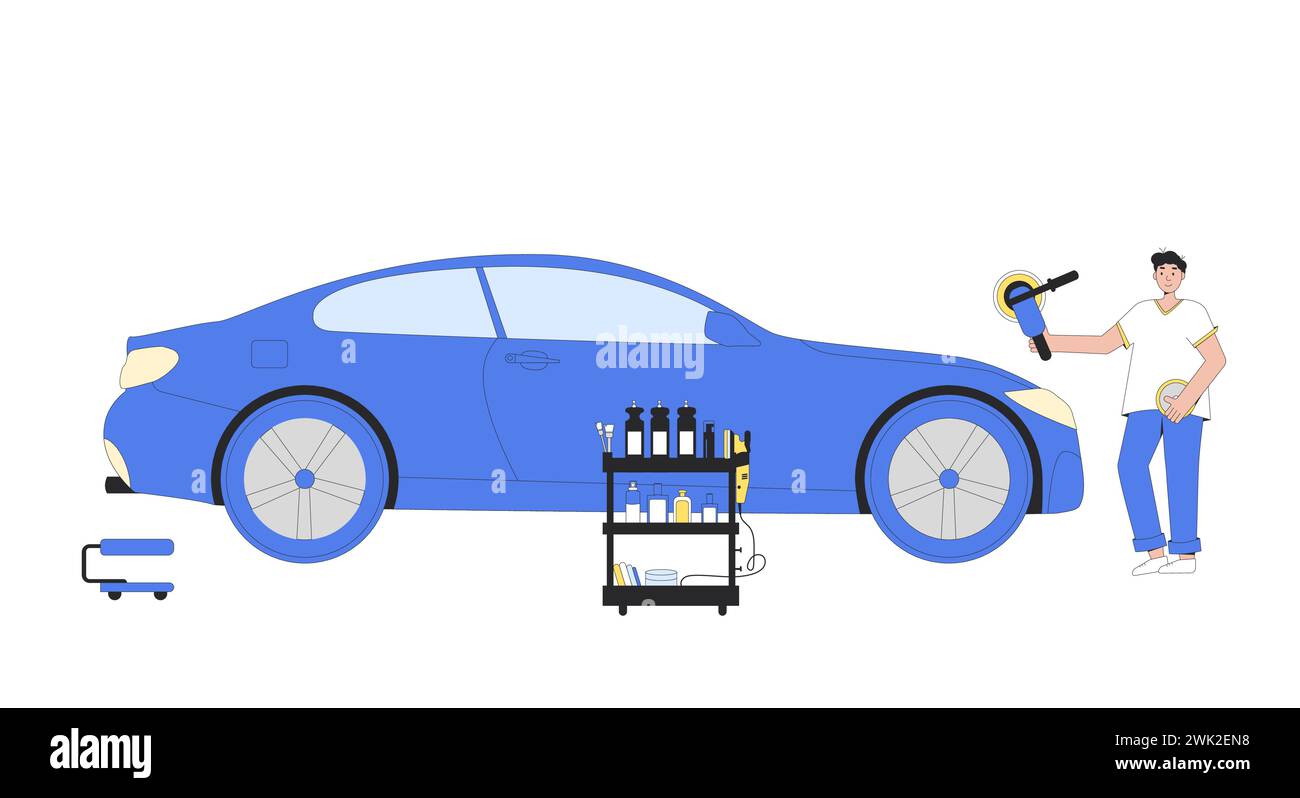 Polish car. Repair auto. Remove scratch on vehicle. Young detailer ...