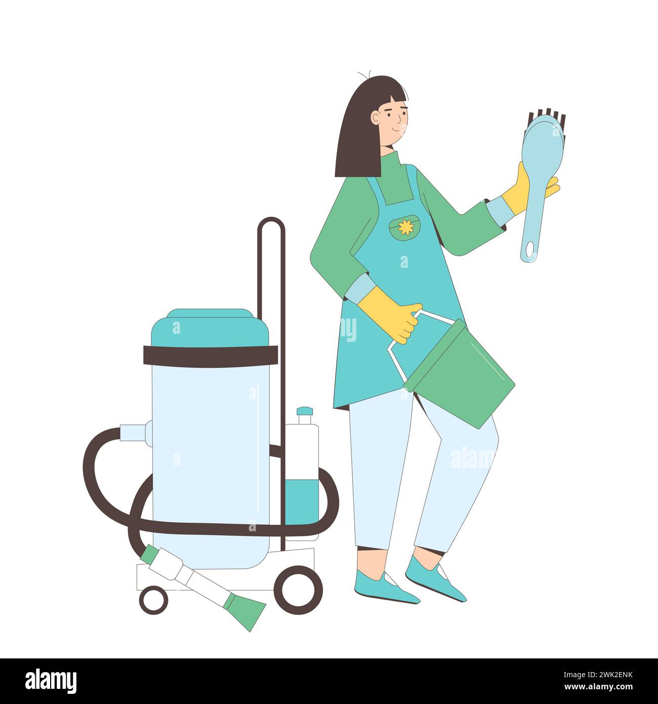 Cleaning service. Young woman with housekeeping tools isolated on white ...