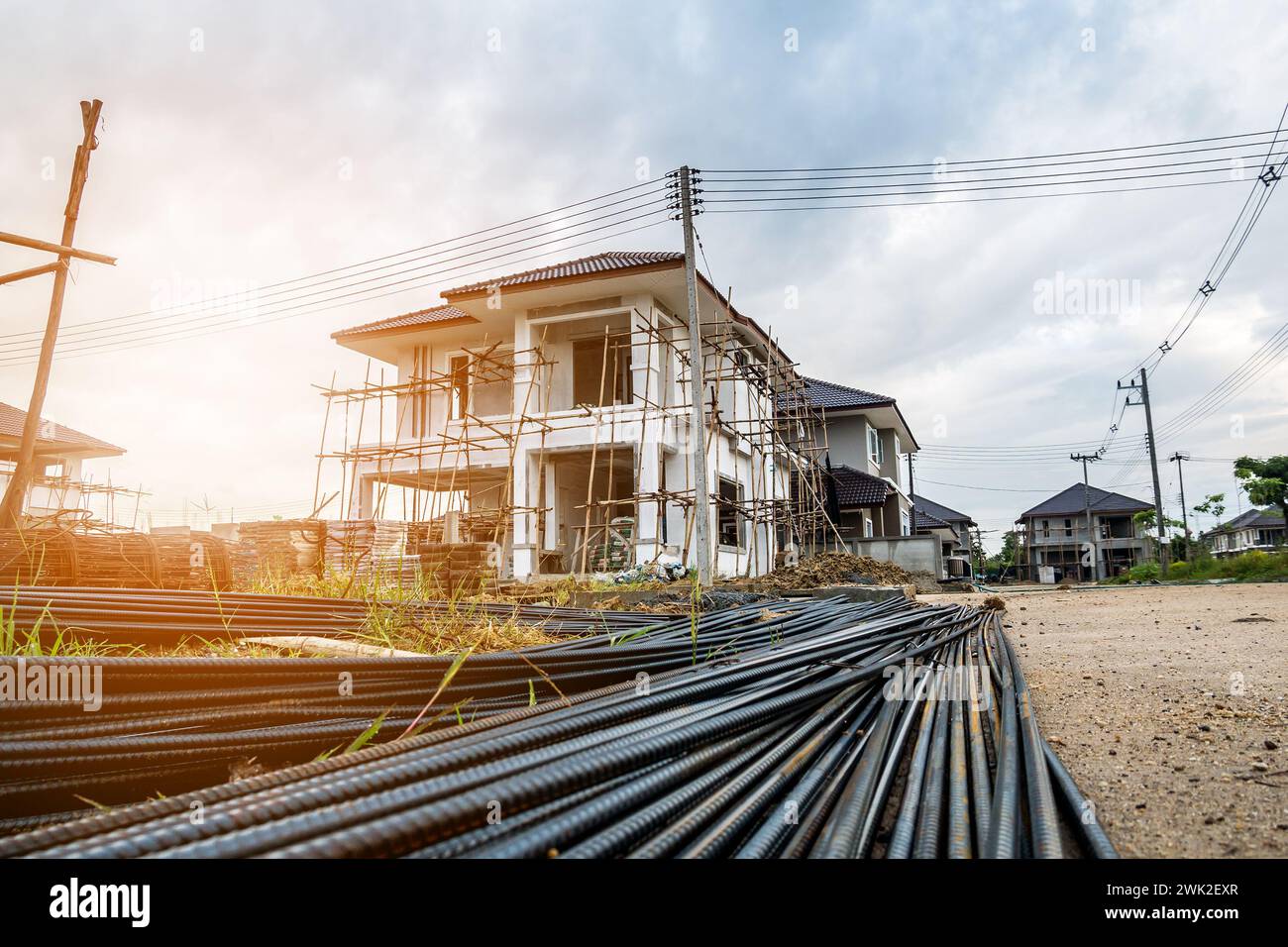 steel rebar for reinforcement concrete at construction site with house ...