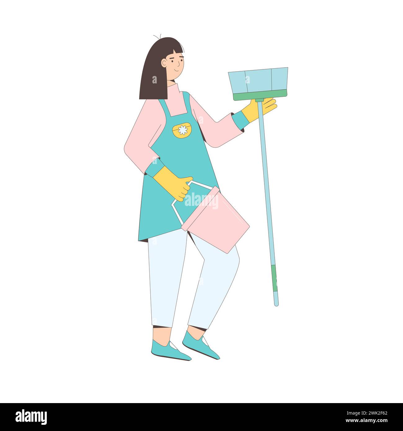 Cleaning service staff. Young woman with housekeeping tools isolated on ...