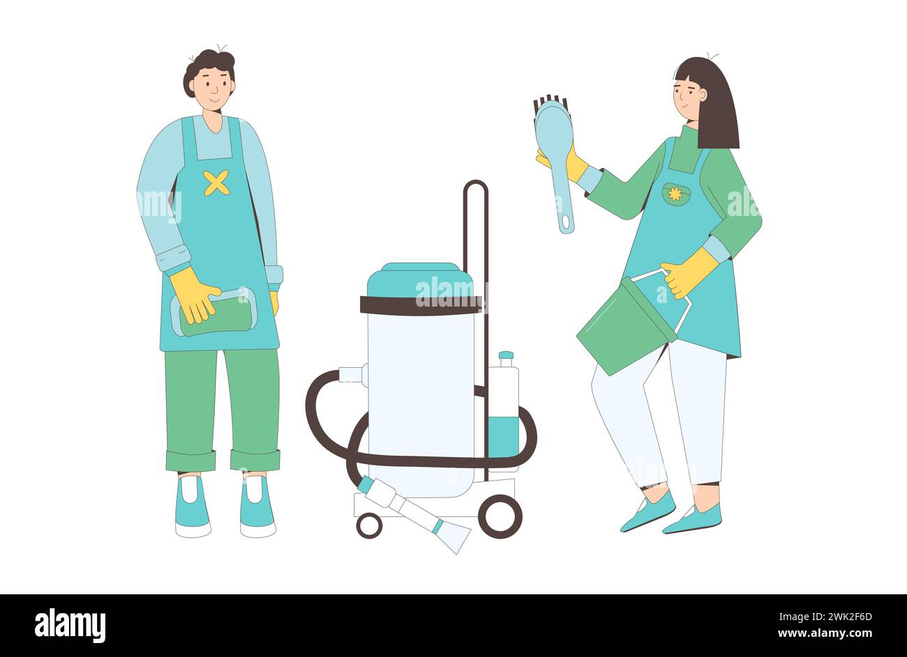 Cleaning service staff team. Young man and woman work in home. Janitors ...