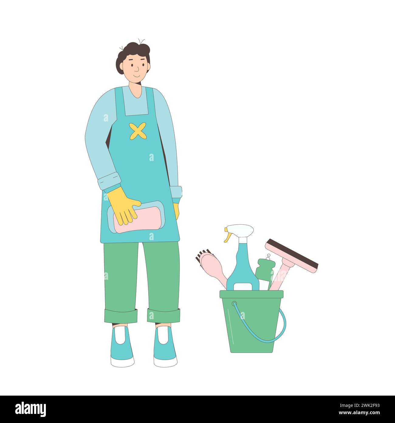 Cleaning service staff. Young man with housekeeping tools isolated on ...