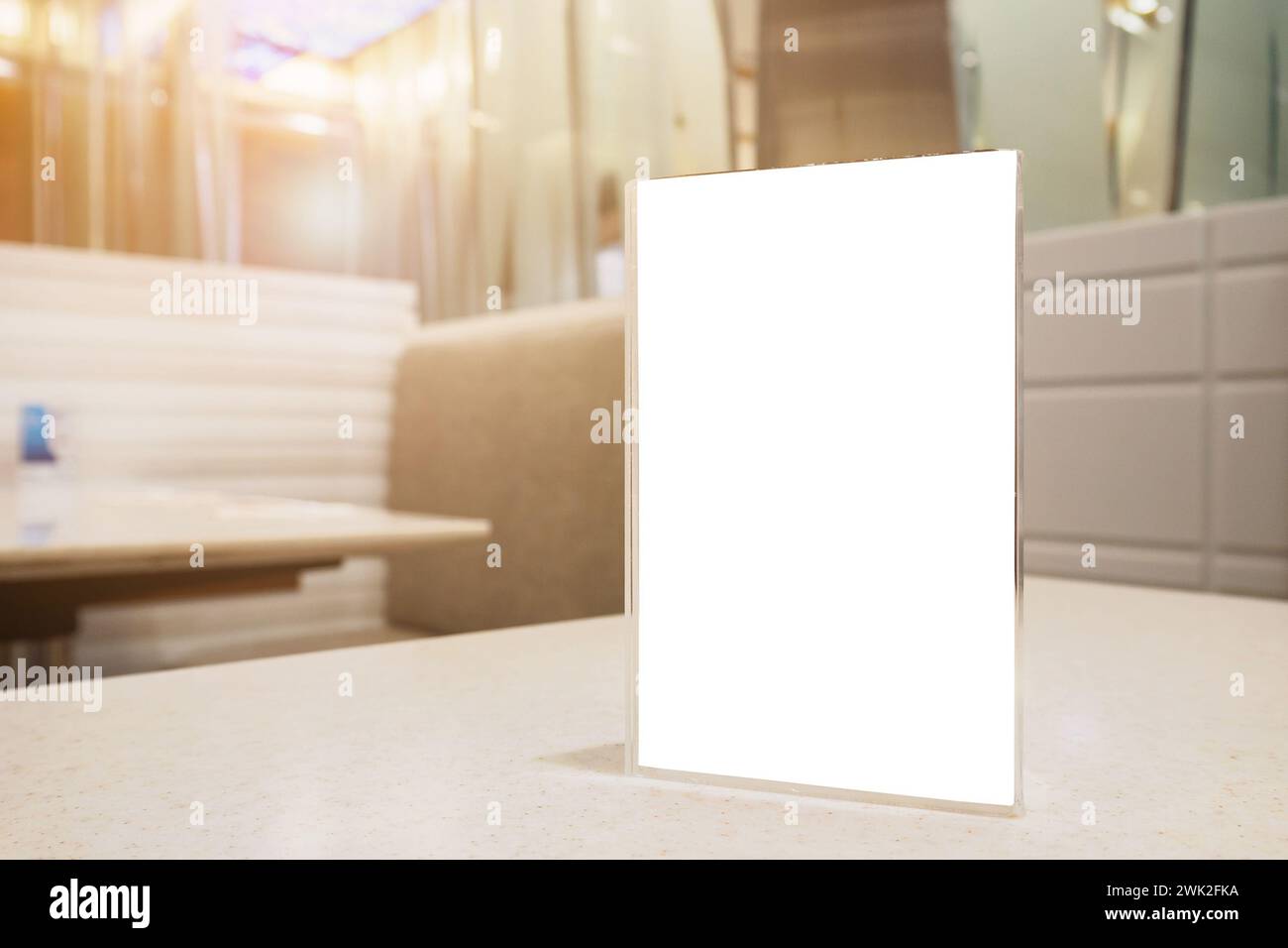 Restaurant table with mock up white sheets paper blank label menu frame ...