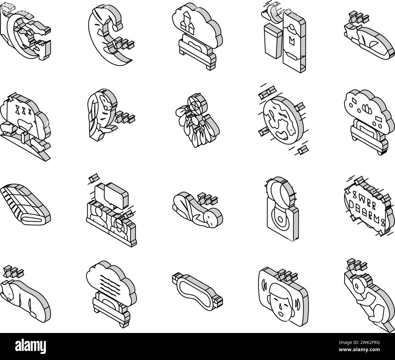 sleep bed pillow dream night isometric icons set vector Stock Vector ...