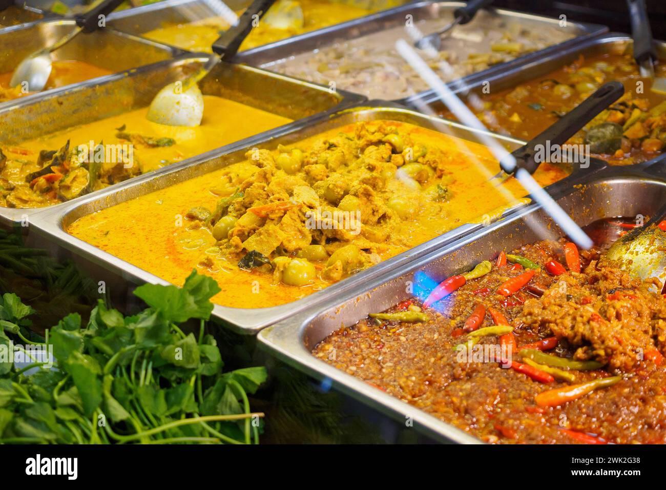 Many Thai food on tray display in the restaurant ready to eat Stock ...