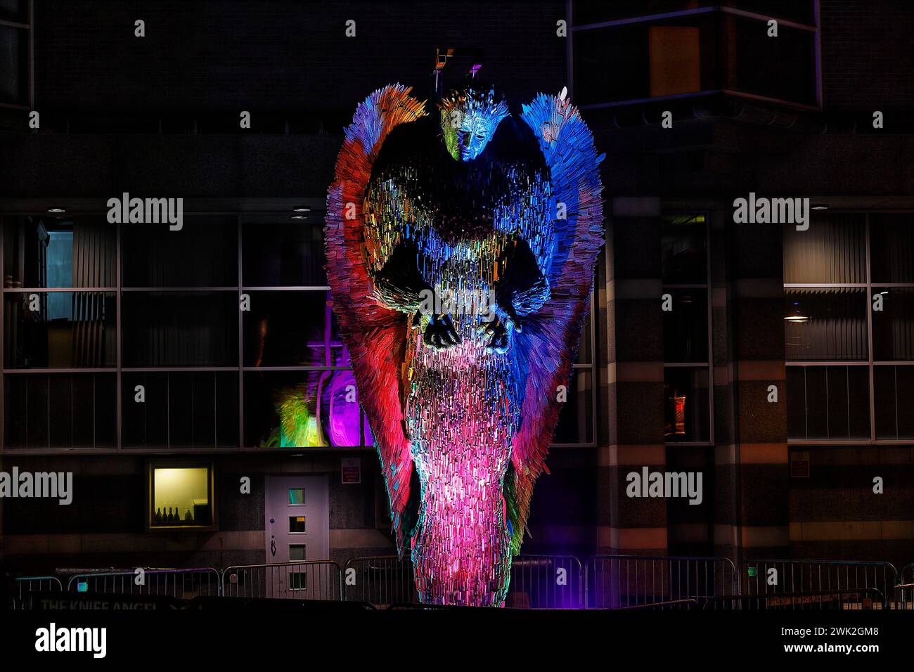 The Knife Angel sculpture on tour during 2024. Seen here illuminated at ...