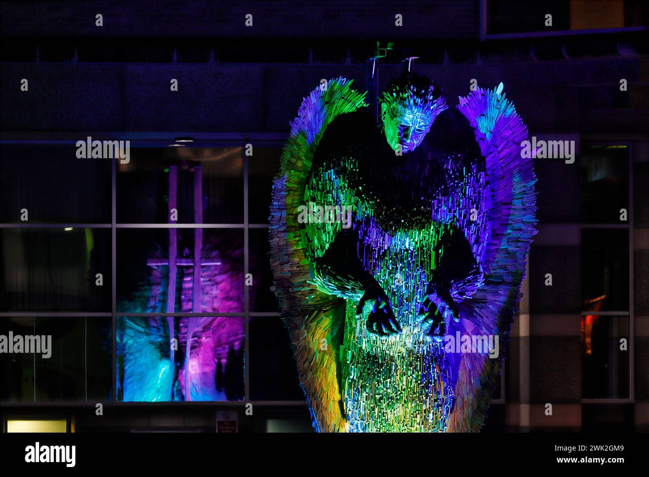 The Knife Angel sculpture on tour during 2024. Seen here illuminated at ...