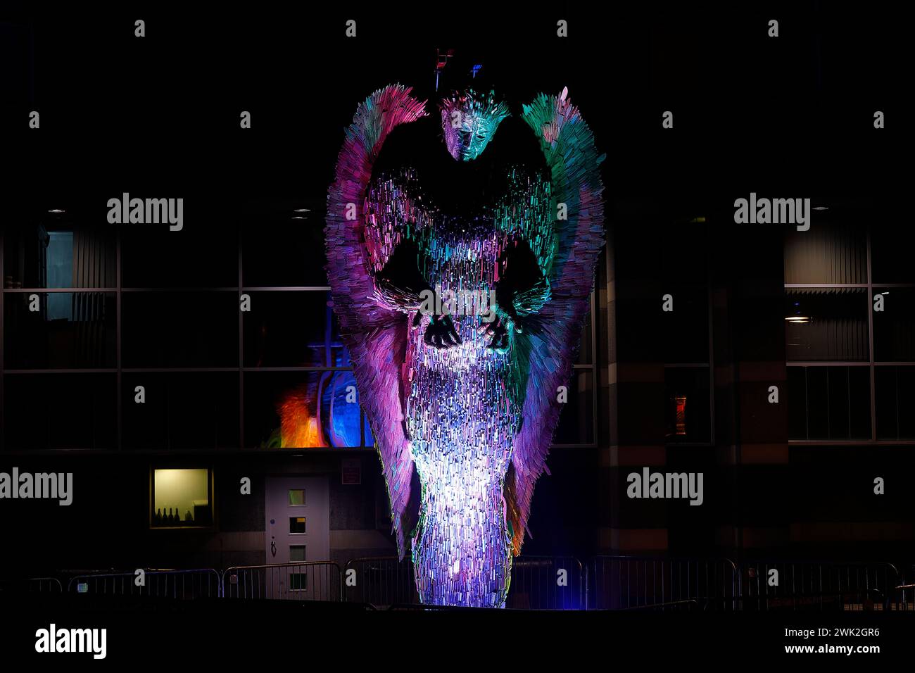 The Knife Angel sculpture on tour during 2024. Seen here illuminated at ...