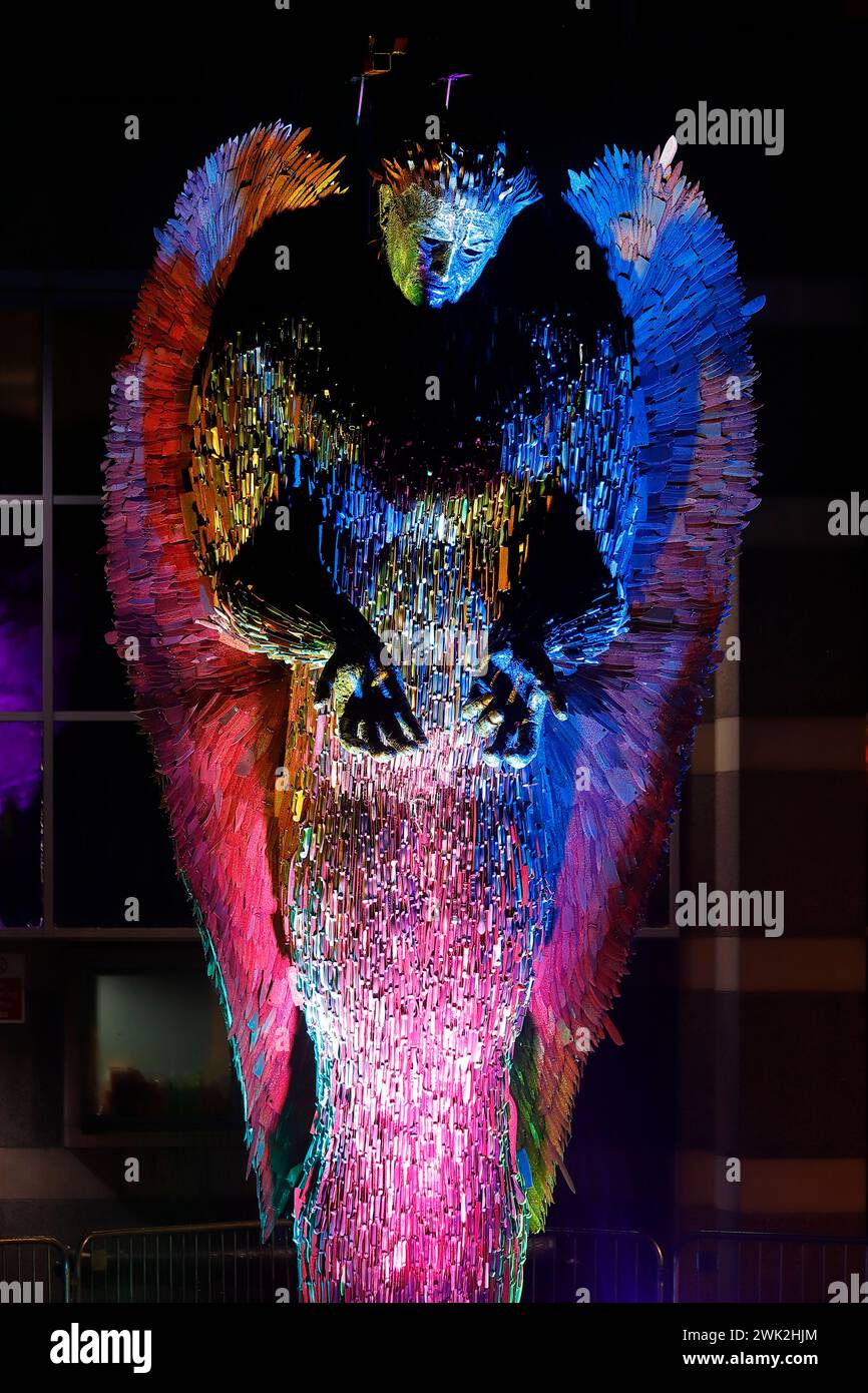 The Knife Angel sculpture on tour during 2024. Seen here illuminated at ...