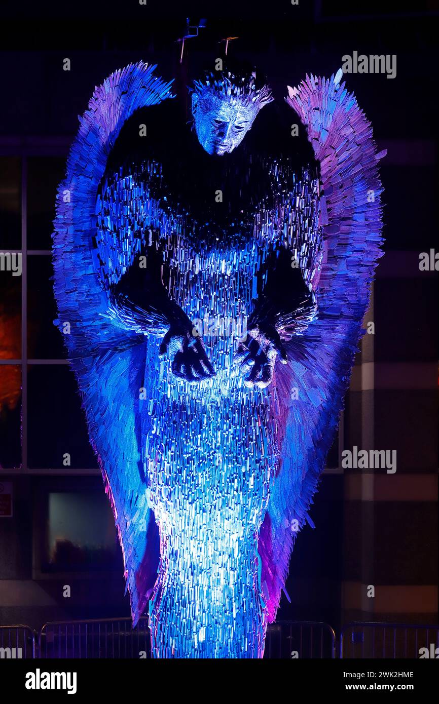 The Knife Angel sculpture on tour during 2024. Seen here illuminated at ...