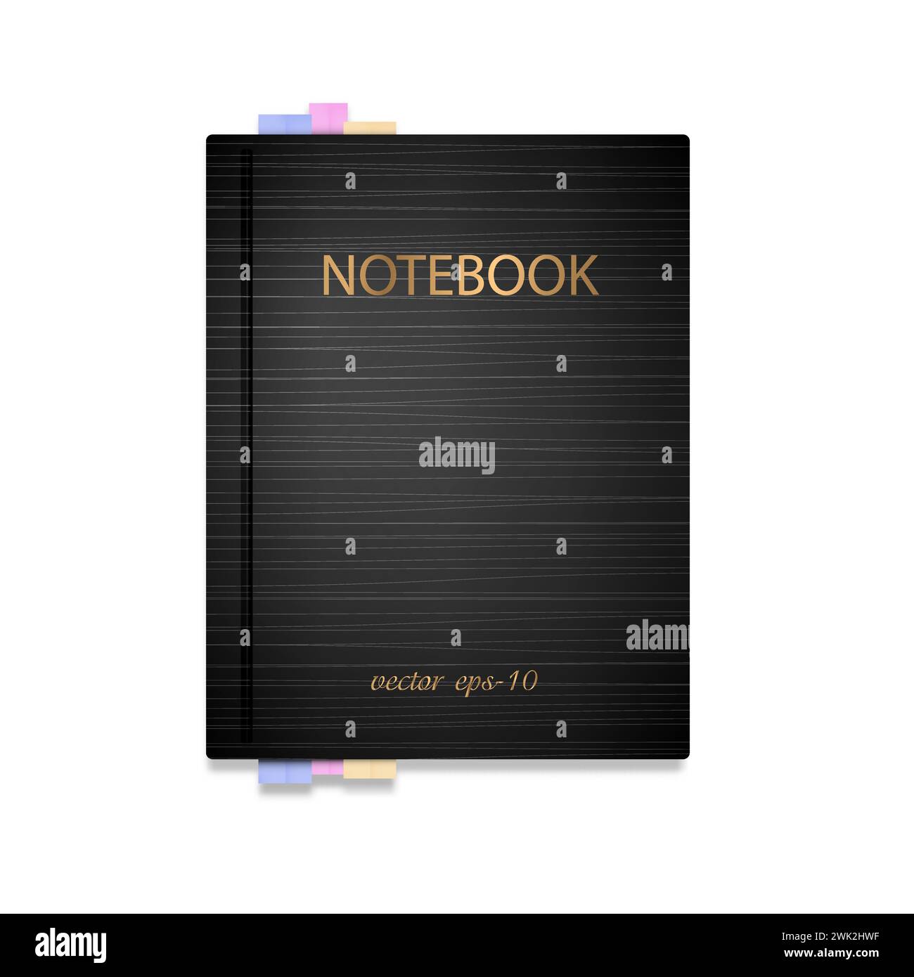 Black notebook on a white background .Multi-colored bookmarks in a book ...