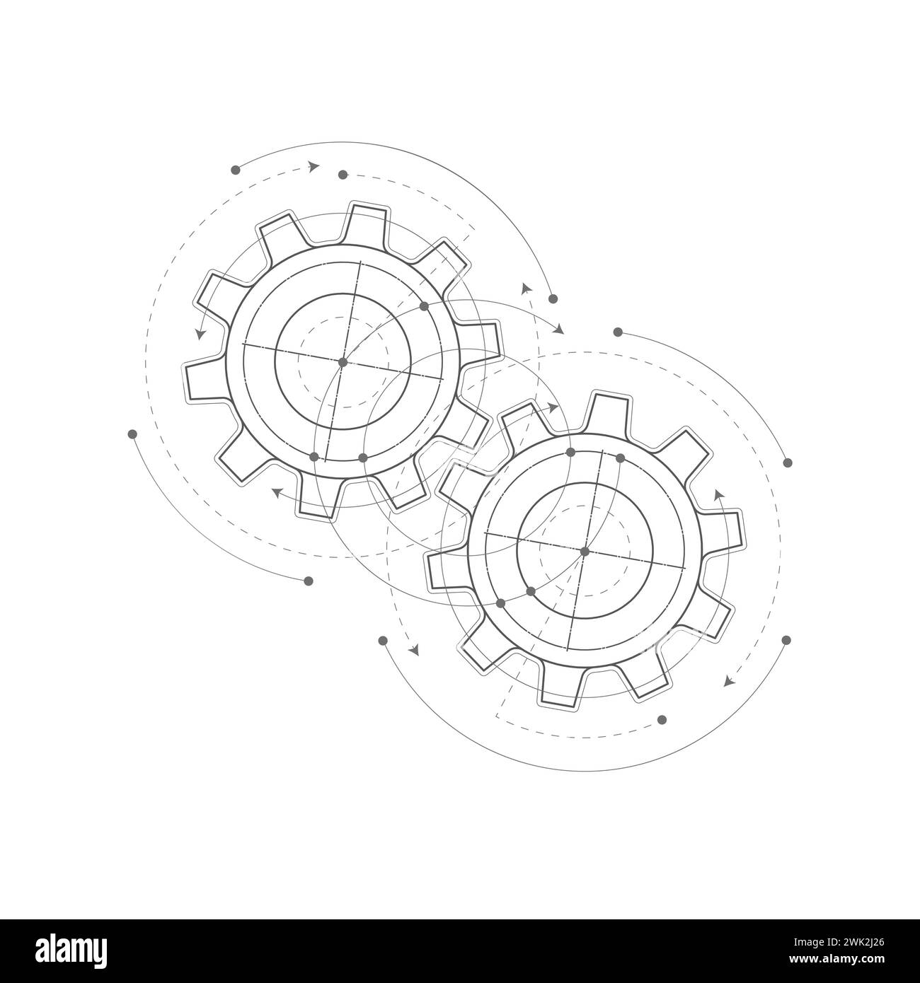 Technical drawing of gears .Rotating mechanism of round parts .Machine technology. Vector ...