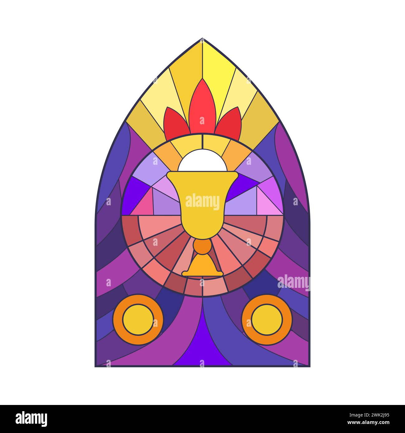 Stained glass gothic arch church window, golden bowl inside round frame ...