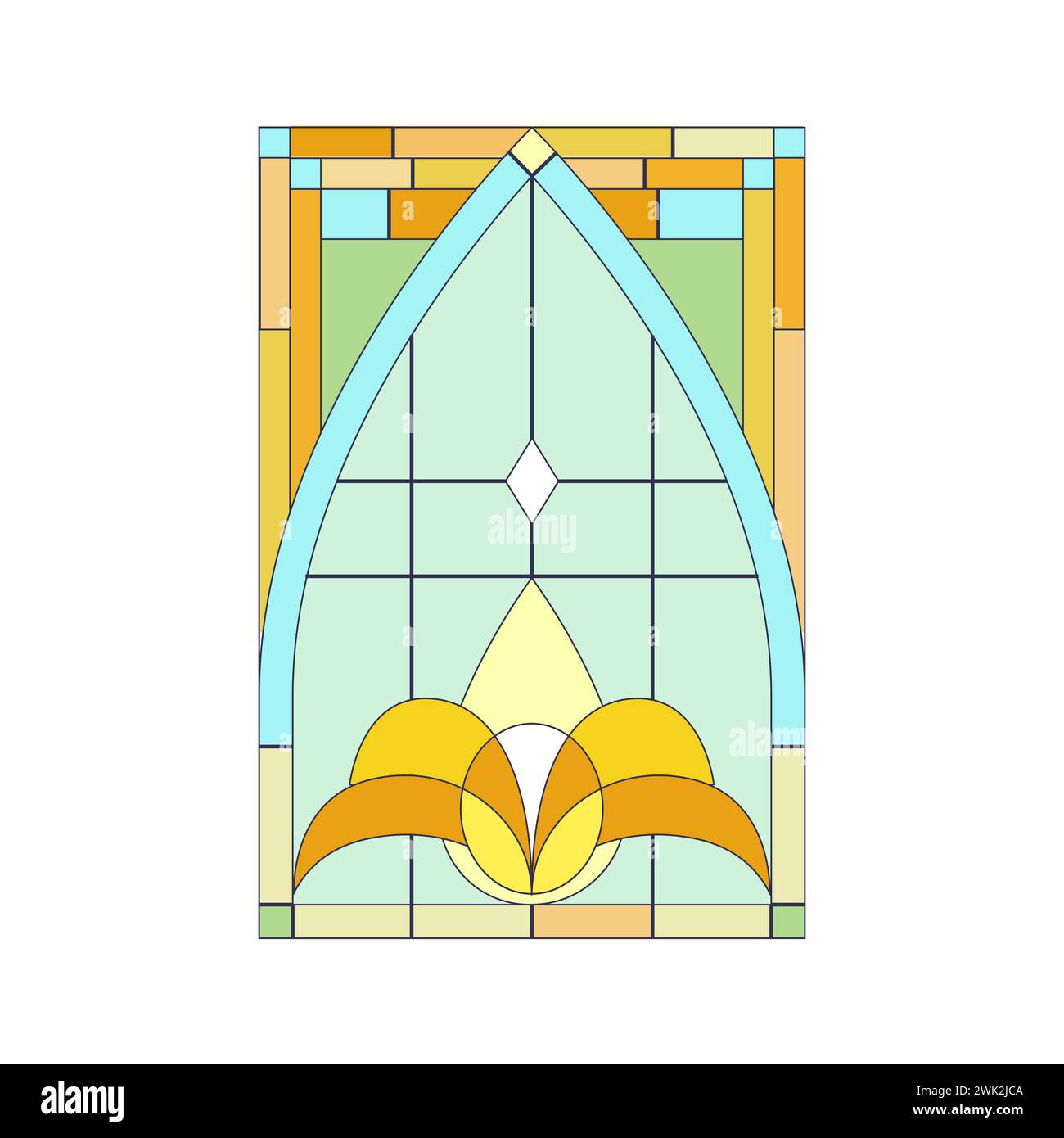 Stained glass window of rectangular shape with arch and colorful mosaic ...