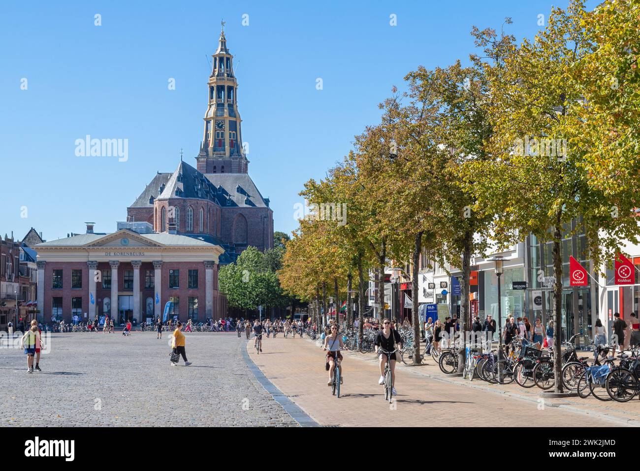 Grain exchange building and church tower on the fish market square in ...