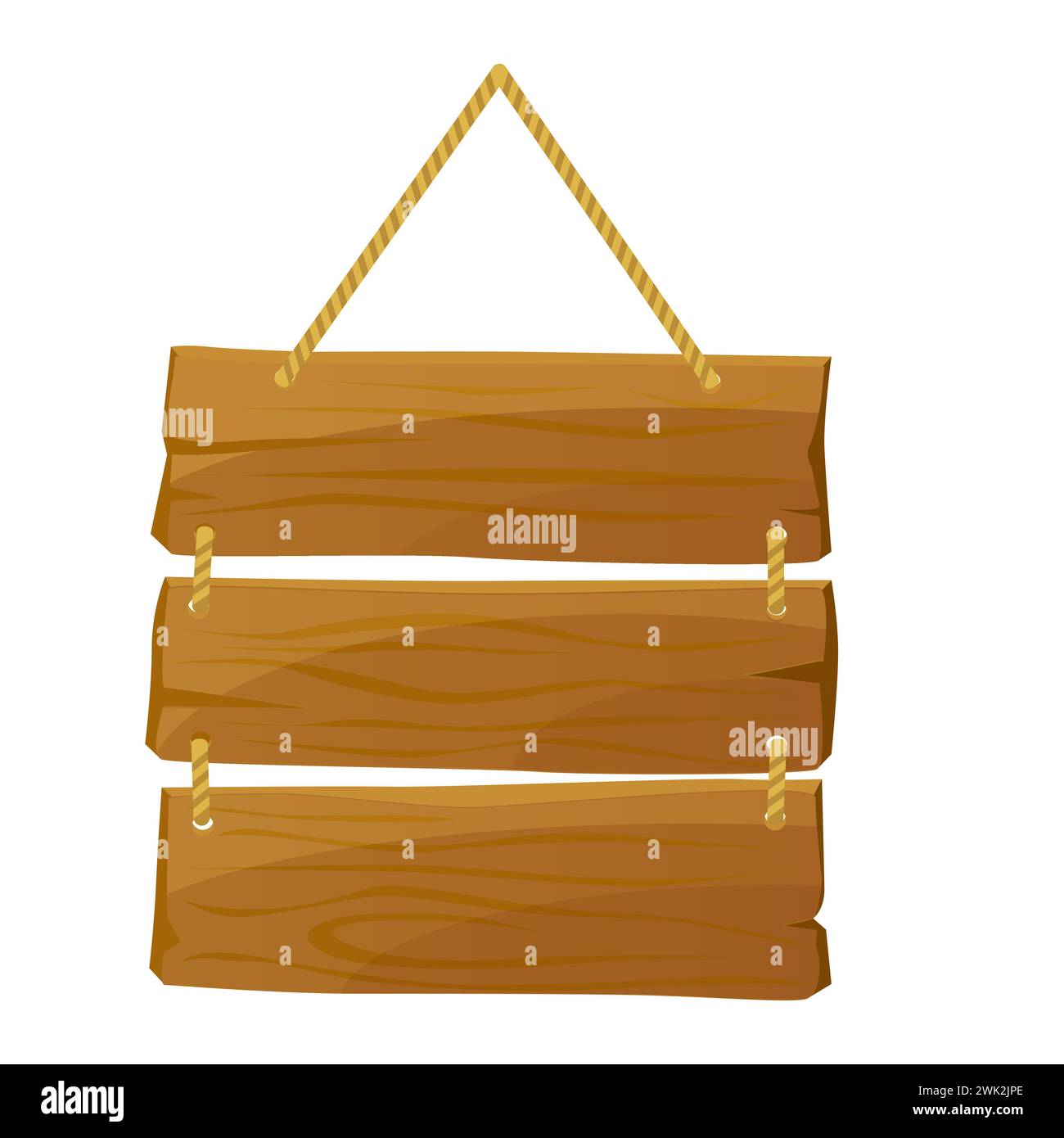 Wooden sign hanging on rope, signboard with three brown linked empty panels vector illustration ...