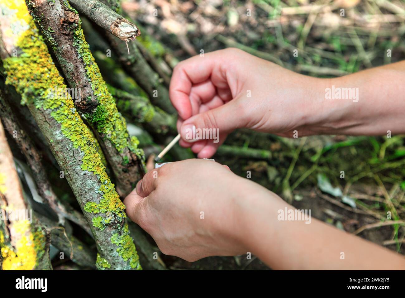 Hands burning matches for logs to fire campfire Stock Photo - Alamy