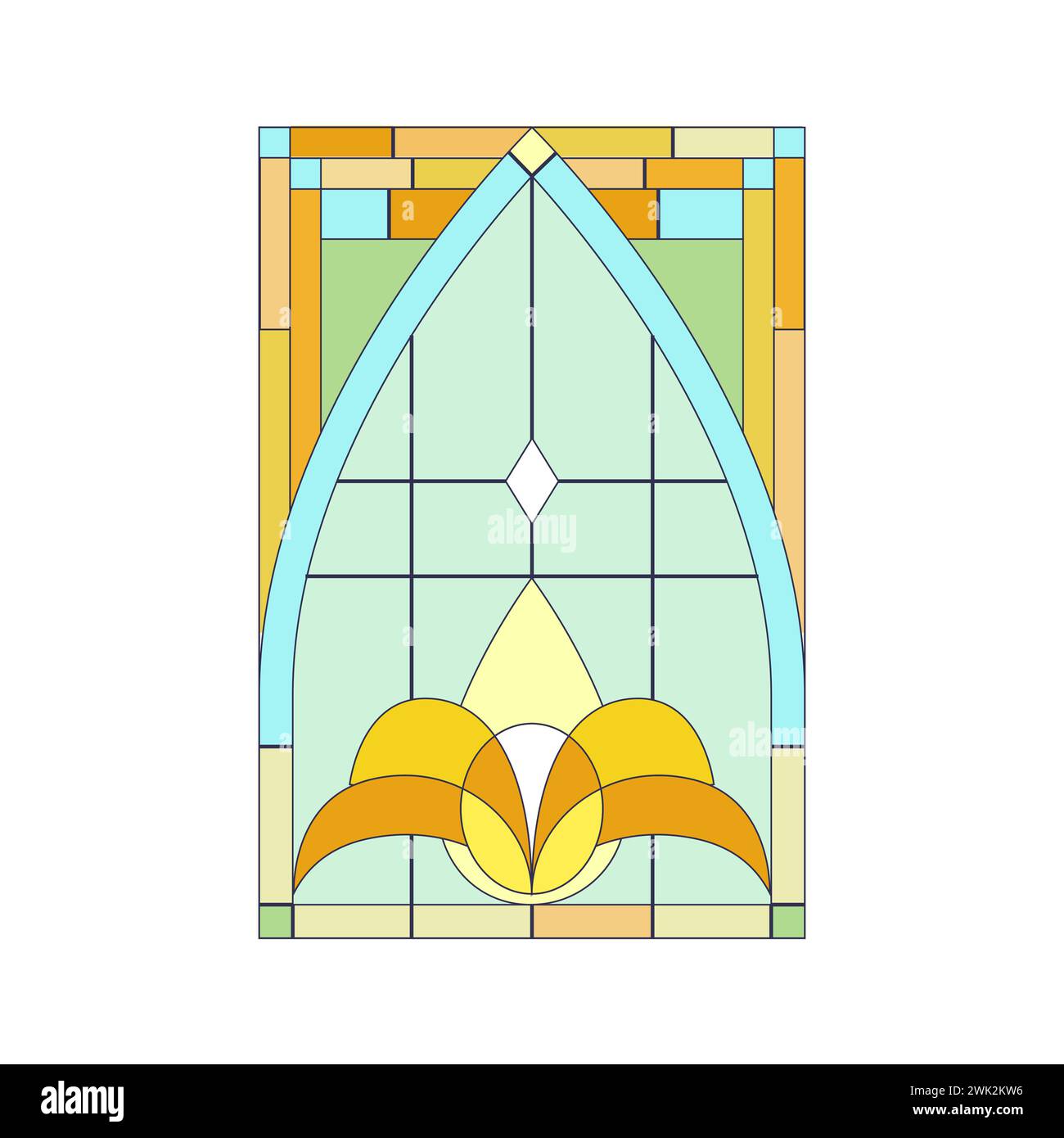 Stained glass window of rectangular shape with arch and colorful mosaic ...