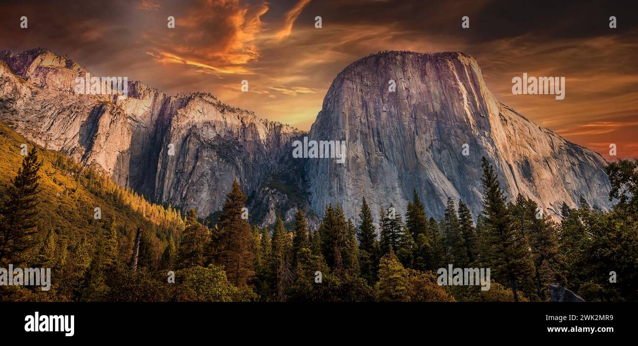 World famous rock climbing wall of El Capitan, Yosemite national park ...