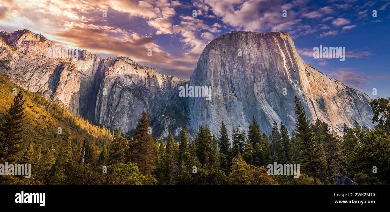 World famous rock climbing wall of El Capitan, Yosemite national park ...