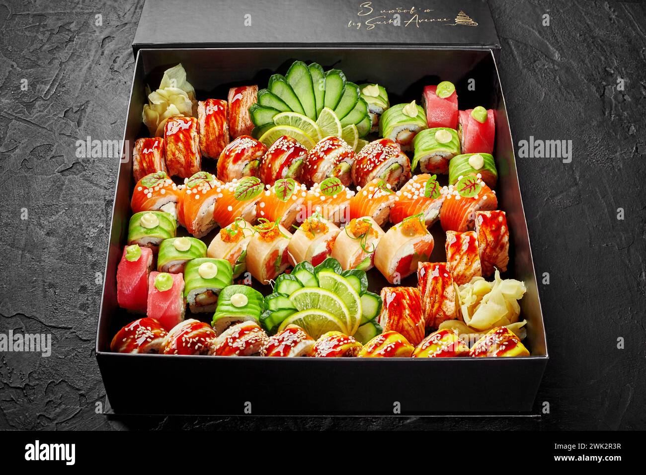 Large set of various Japanese rolls with tuna, salmon and eel packed in ...