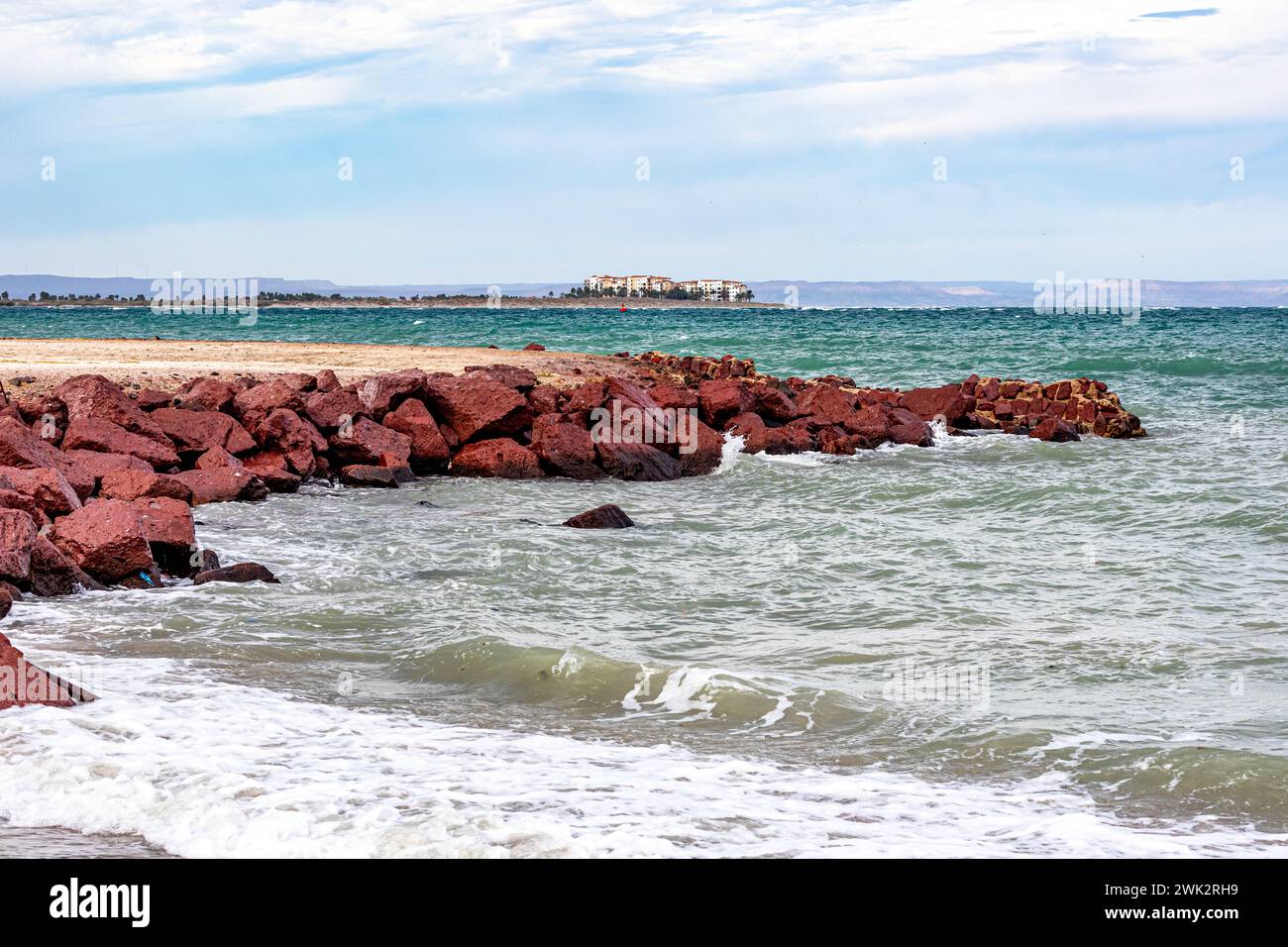 Breakwater on beach in coastal maritime landscape, Sea of Cortez and ...