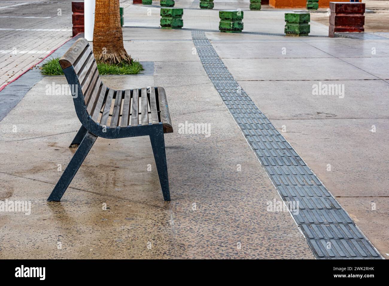 Empty wooden bench on sidewalk of promenade, street and small green ...
