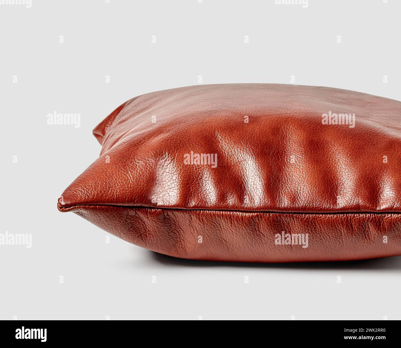 Artisanal plump sofa pillow of smooth copper colored leather on white ...