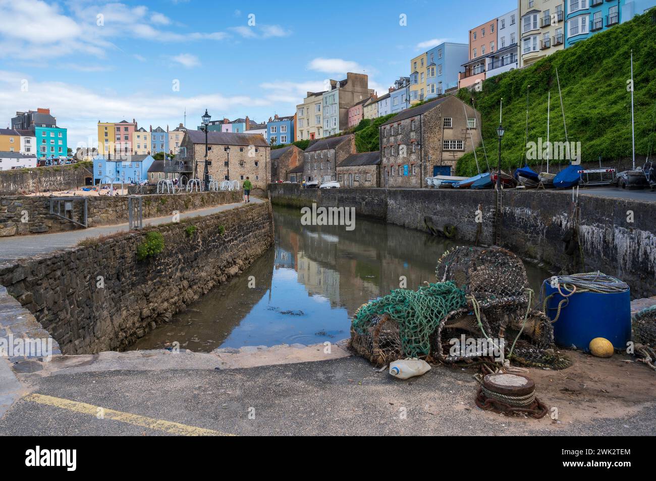 Fishing equipment on a quay side, in a traditional British fishing ...