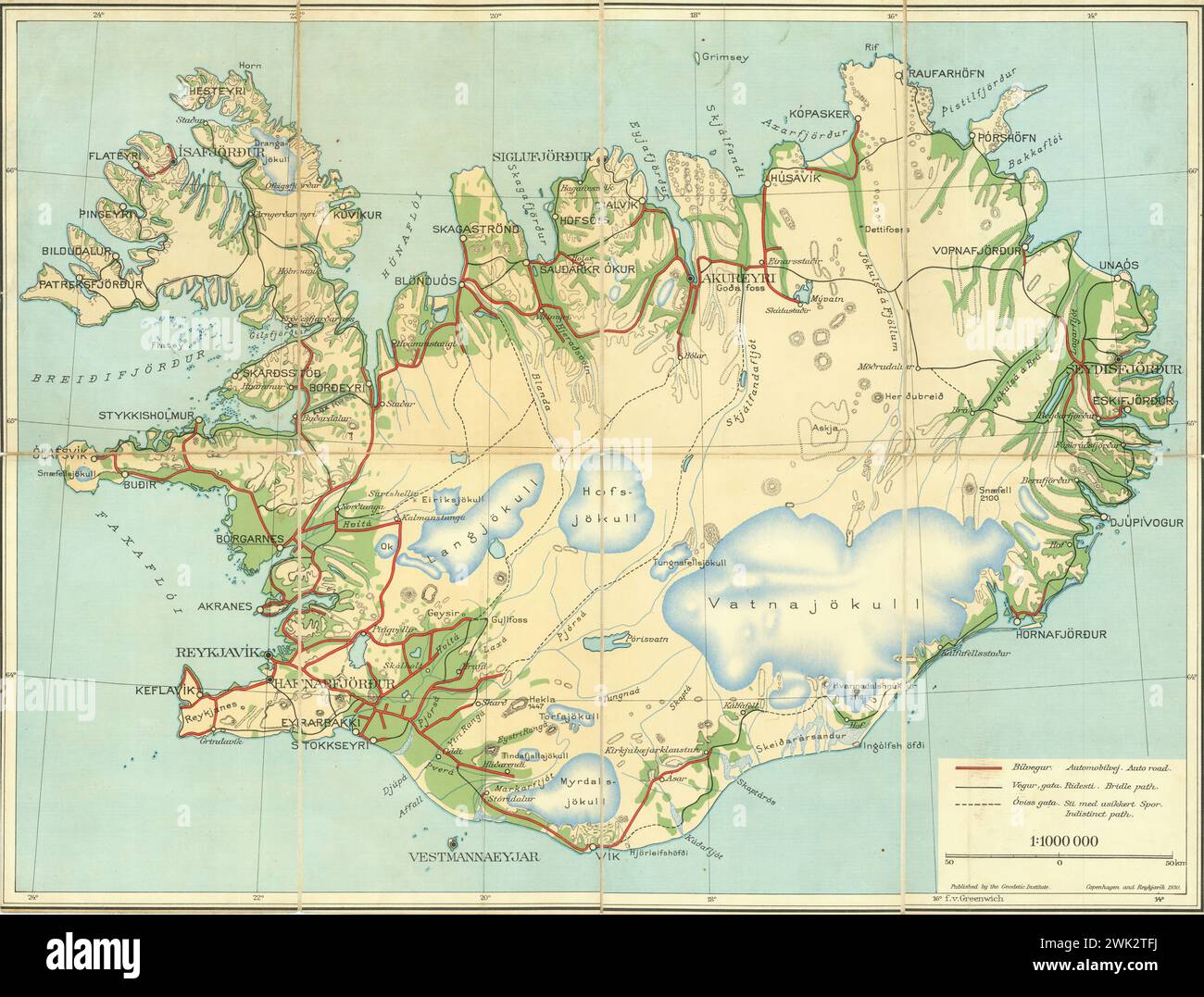 Vintage 1930s Road map of Iceland, published by the Geodetic Institute ...