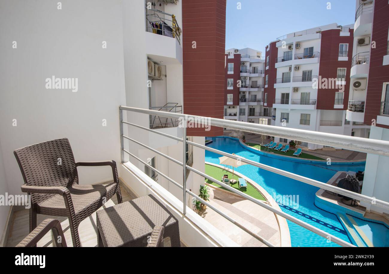 Terrace furniture of a luxury apartment in tropical resort with ...