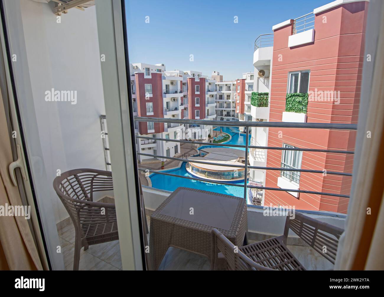 Terrace furniture of a luxury apartment in tropical resort with ...