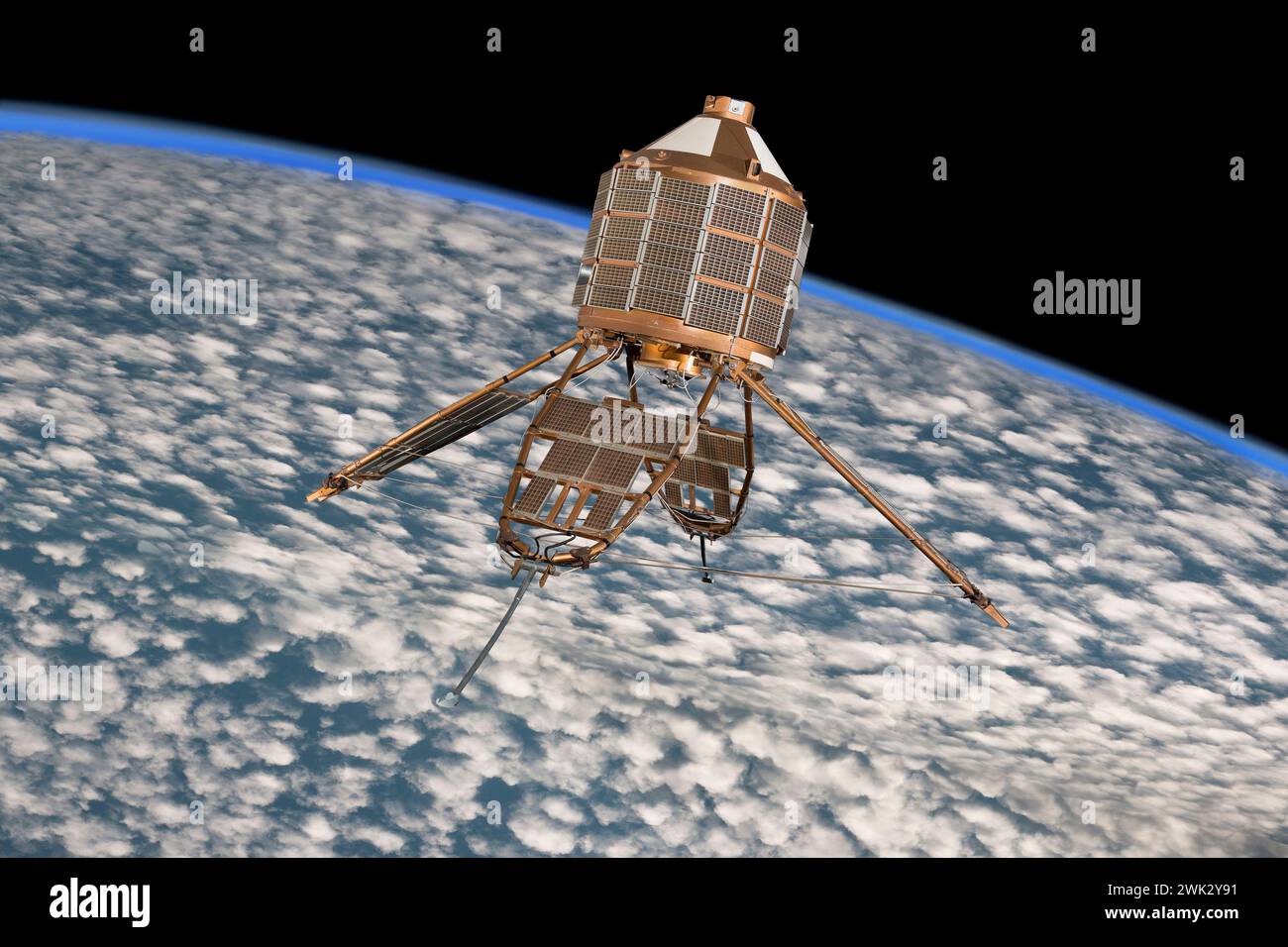 Model Of Ariel Scientific And Research Space Satellite Above Earth And Clouds Experiments On
