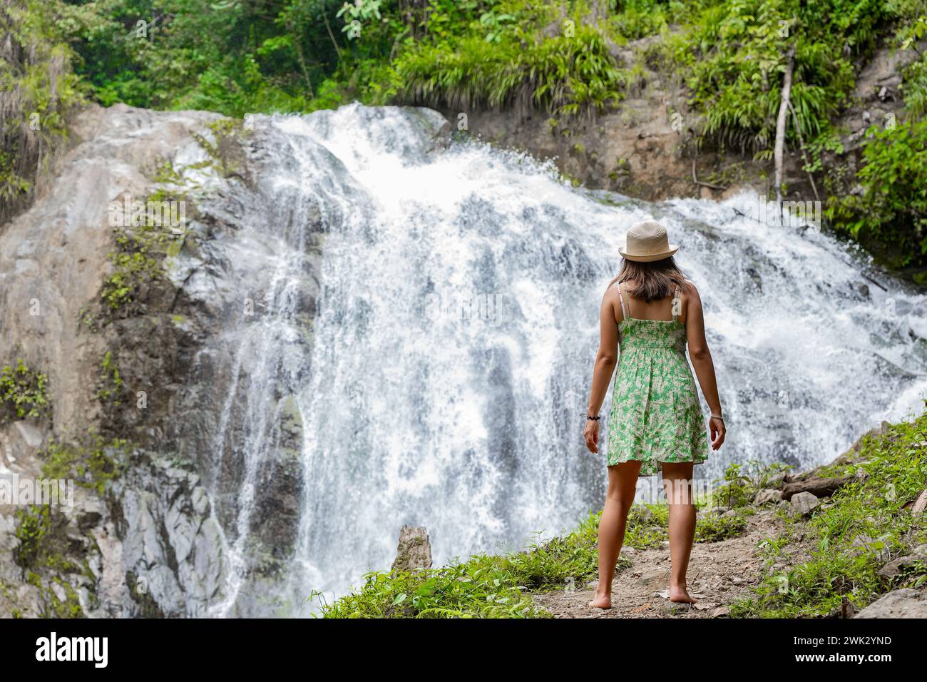 Woman traveler contemplates a waterfall in the Peruvian jungle Stock ...