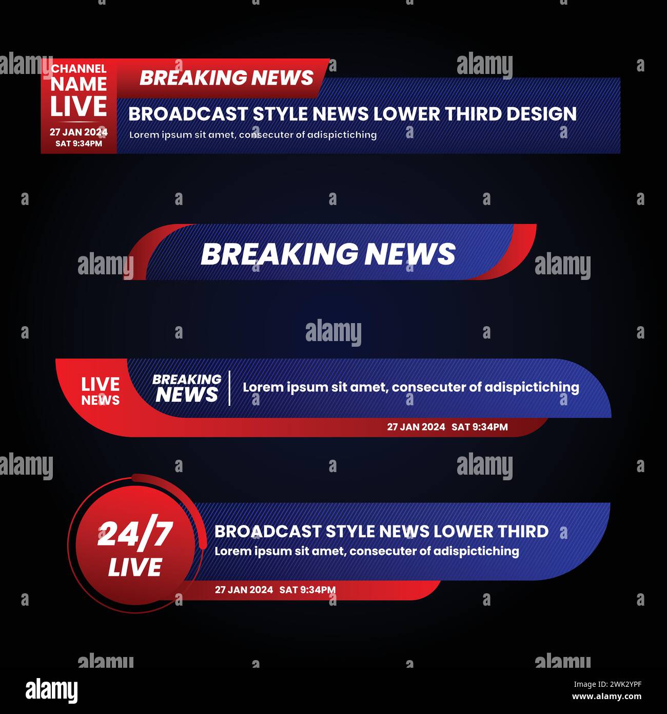 Blue and Red Breaking News Lower Thirds Banner for Television, Video ...