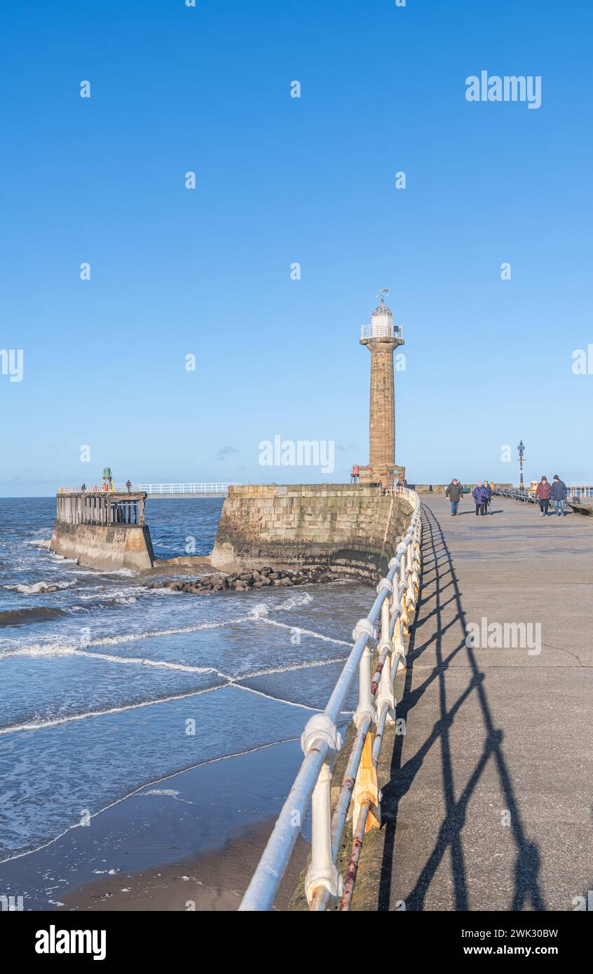 West Pier harbour lighthouse from the west pier, Whitby,Yorkshire ...