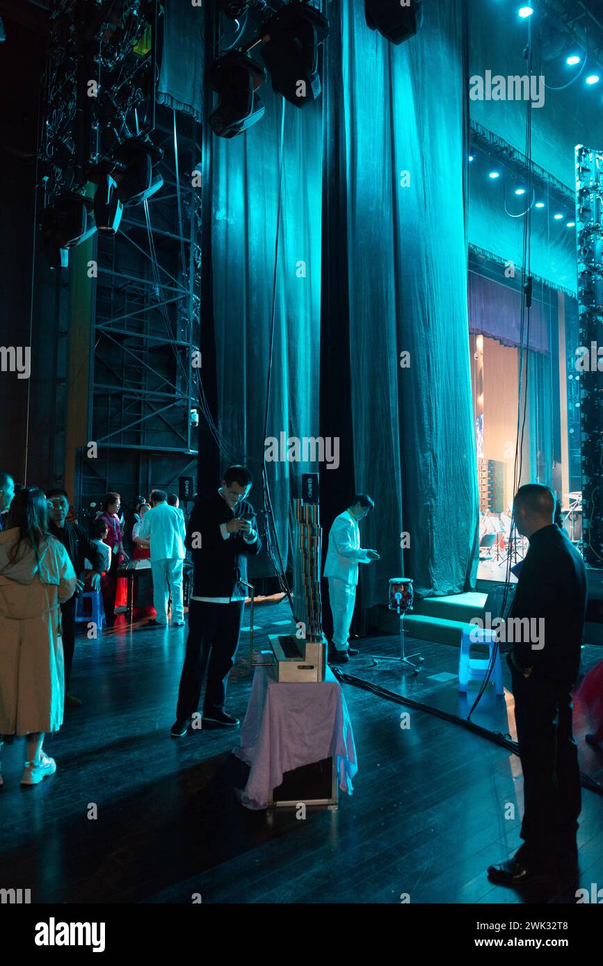 Musicians backstage at the Golden Coast City Theater in Taizhou Stock ...