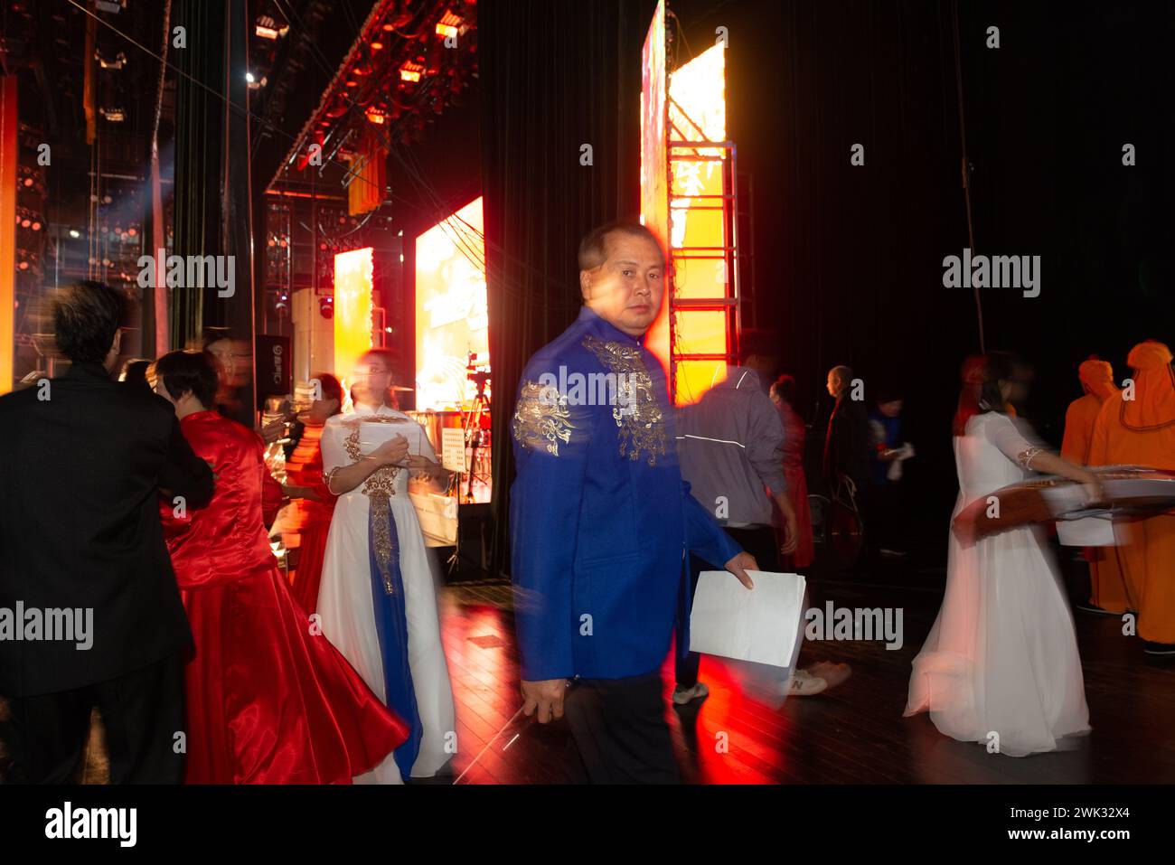 Musicians backstage at the Golden Coast City Theater in Taizhou Stock ...
