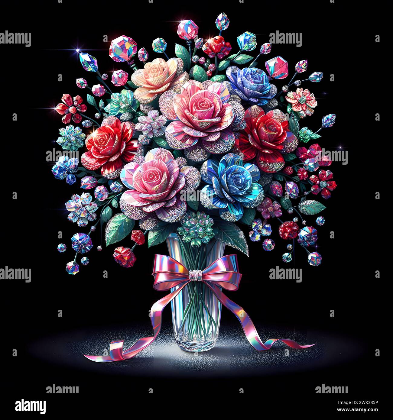 realistic image of a bouquet of flowers made of diamonds on white ...