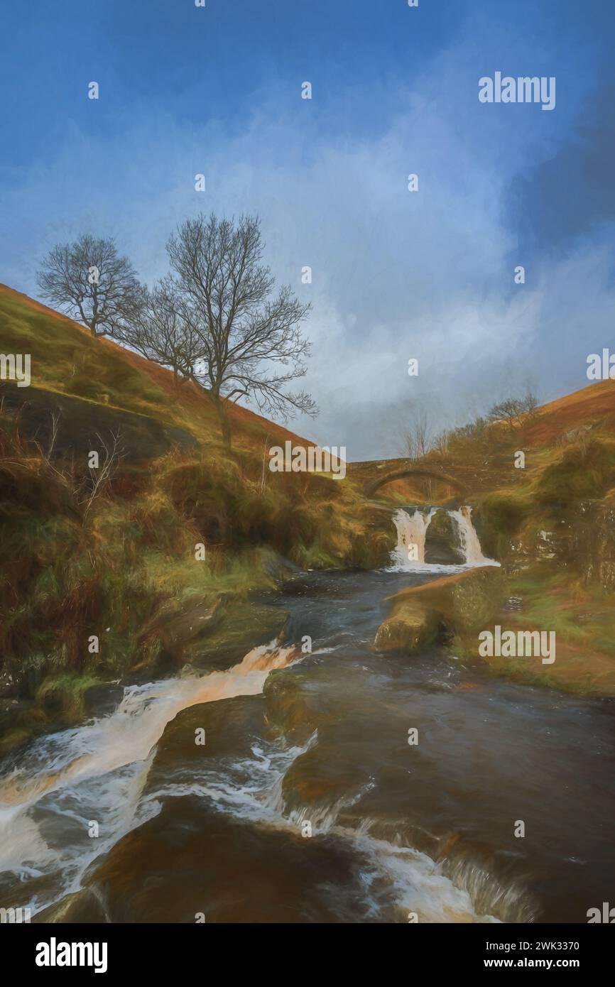 Digital oil painting of a rural landscape scene. Three Shire Heads in ...