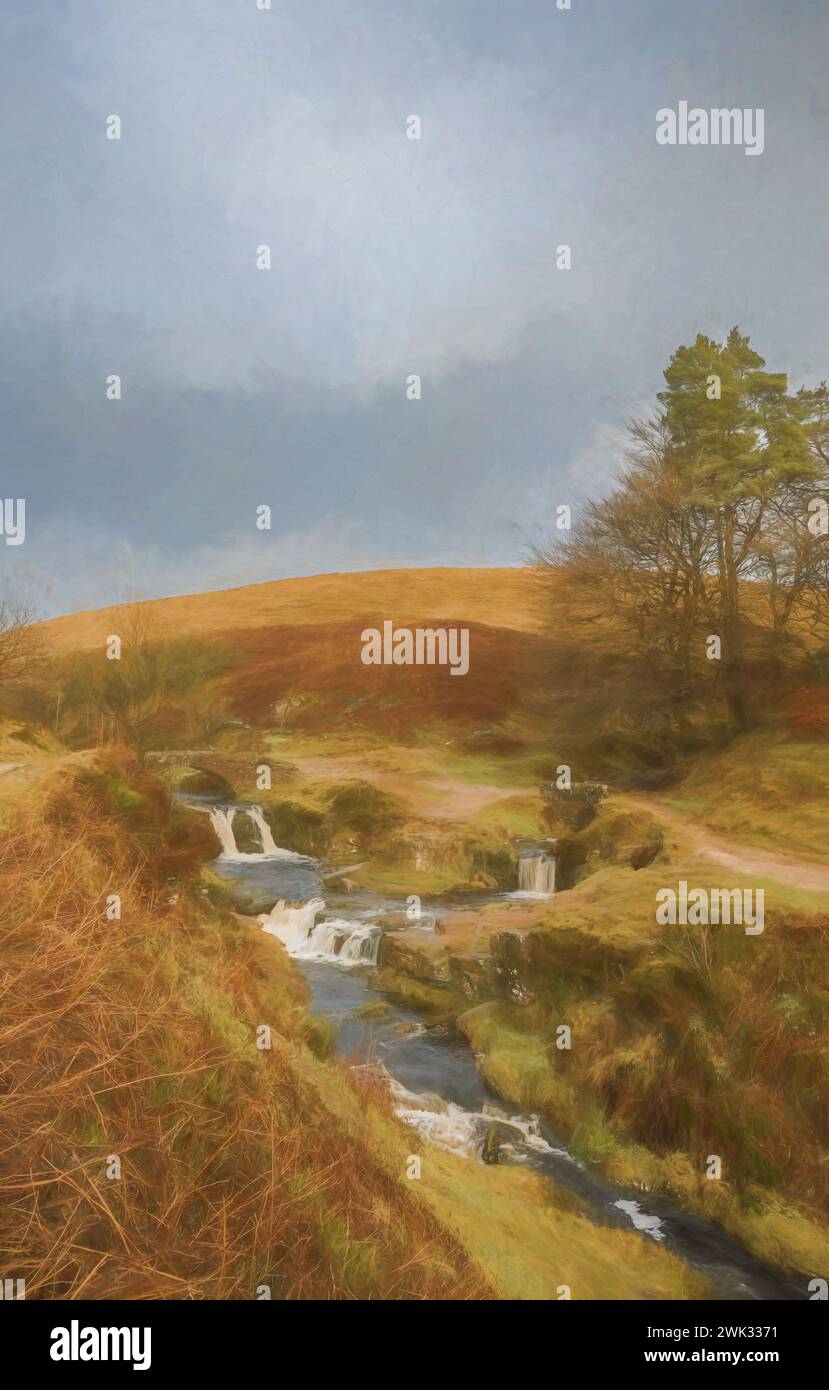 Digital oil painting of a rural landscape scene. Three Shire Heads in ...