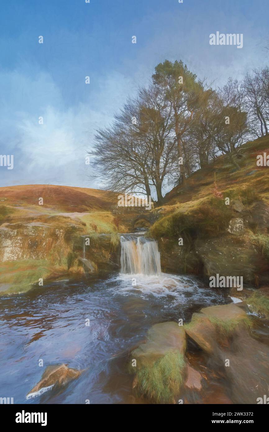 Digital oil painting of a rural landscape scene. Three Shire Heads in ...