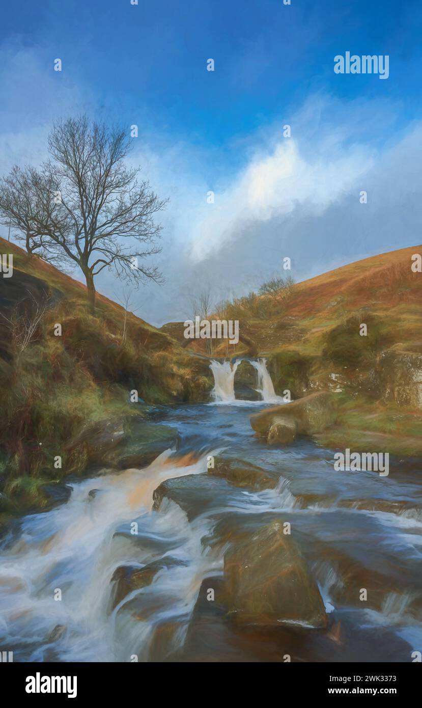 Digital oil painting of a rural landscape scene. Three Shire Heads in ...