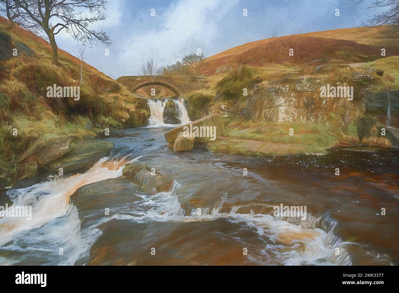 Digital oil painting of a rural landscape scene. Three Shire Heads in ...